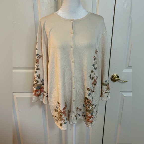 Talbots | Sweaters | Talbots Cream Silk Cardigan With Floral Border ...